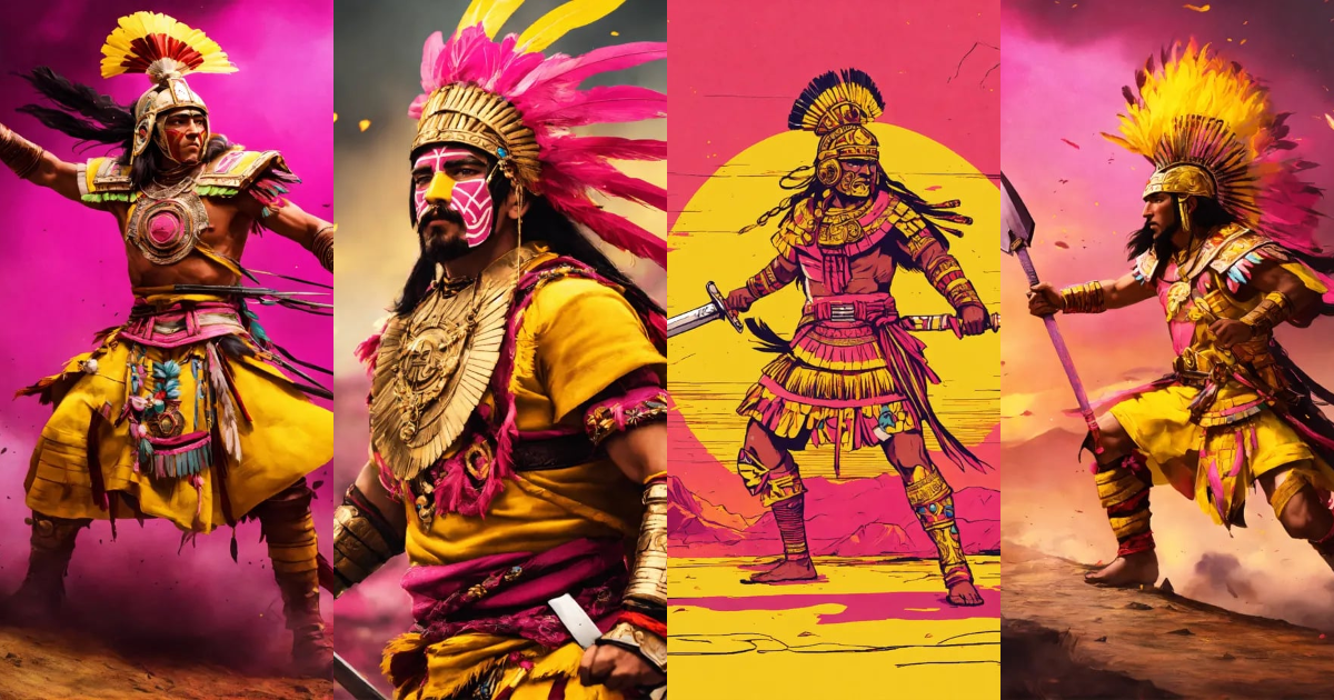 Lexica - An aztec priest warrior in yellow and pink fighting ...