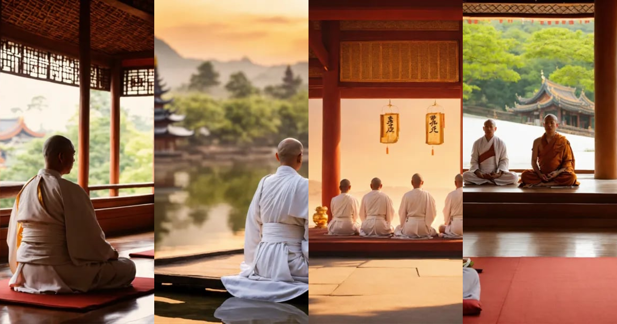 Lexica - Tranquil zen monks in pagoda wearing white robes sitting in ...