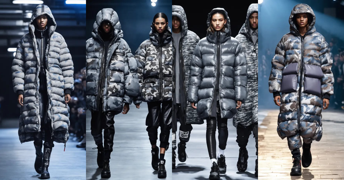 Lexica - Runway models wearing long Puffed thin jacket Hooded grey ...