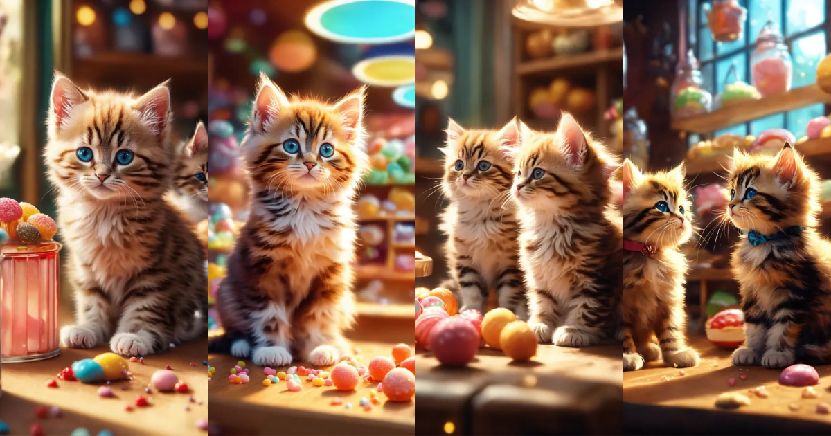 Lexica - Cute fluffy kittens playing in a fabulous sweet shop, realistic photo , high detail ...