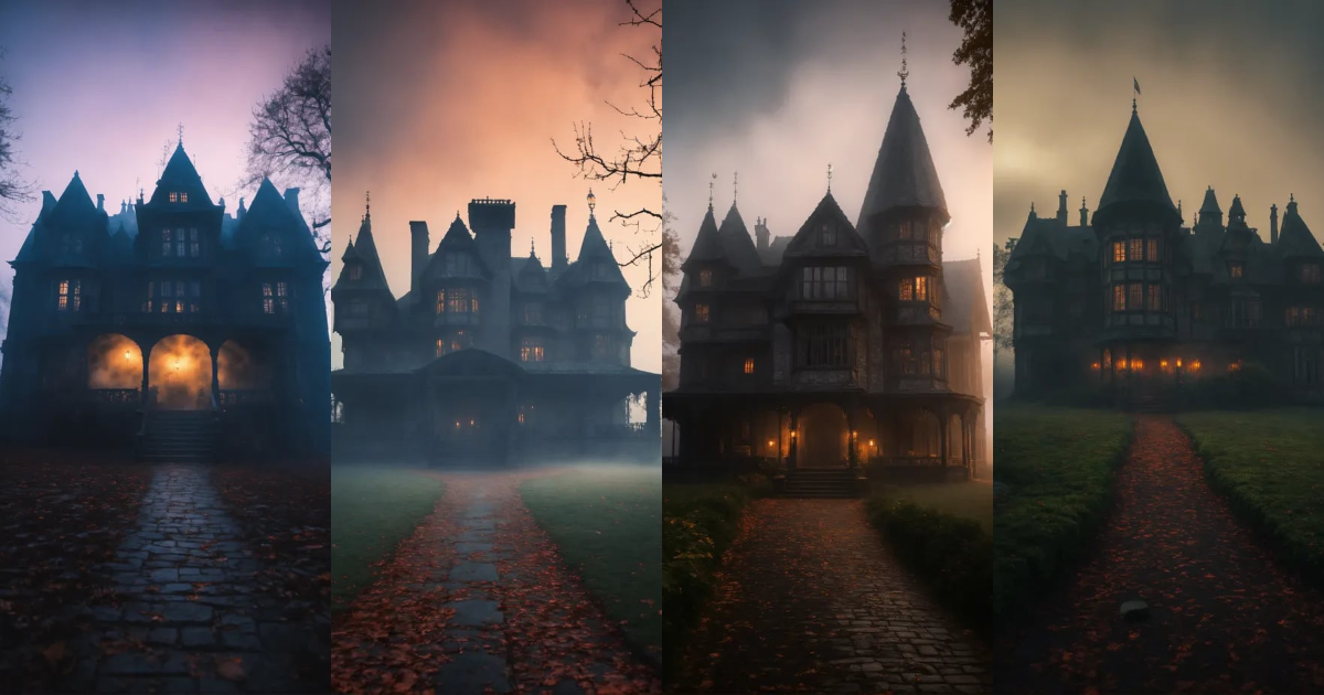 Lexica - An Image of a dark manor set in a setting of fog and evil ...