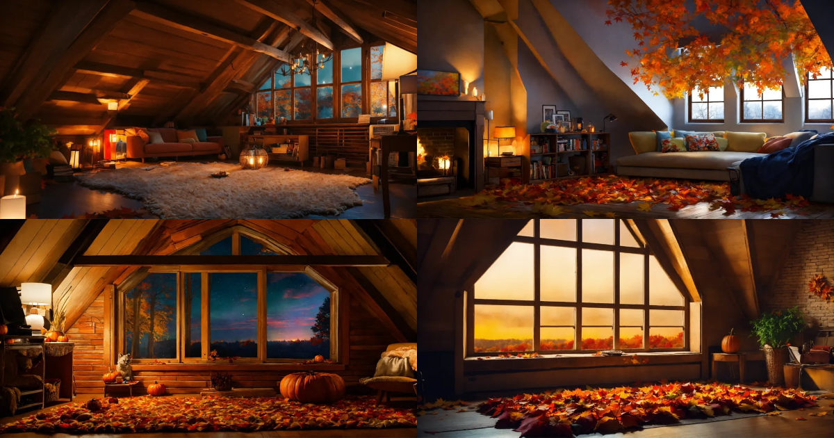 Lexica - Night time attic, fall leaves, night window, fluffy rug ...