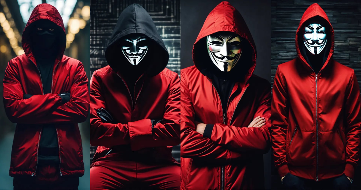 Lexica - Anonymous hacker in red jacket with dark hidden face with arms ...