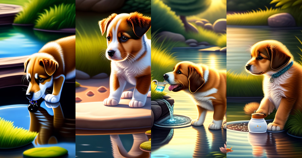 Lexica - A cartoon picture of a baby DOG drinking from a pond, a child ...