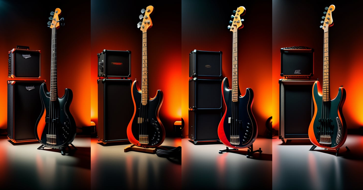 Lexica - A bass guitar in a stand, facing right, in front of an orange ...