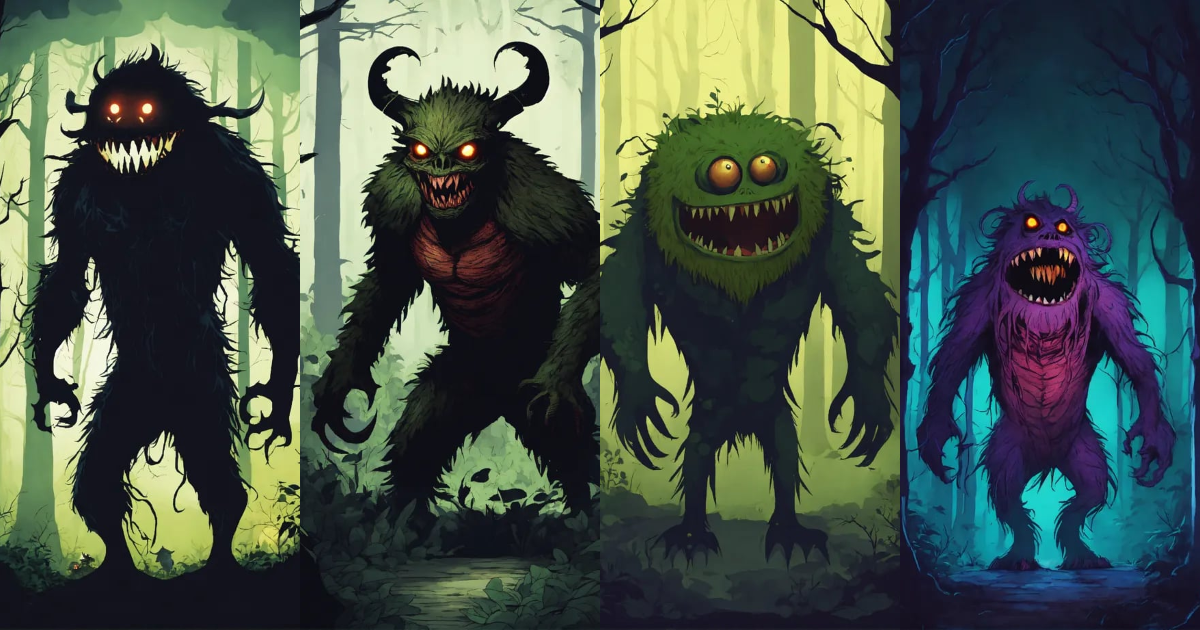 Lexica - Scary monster, in a dark forest, cartoon, cell shaded, horror