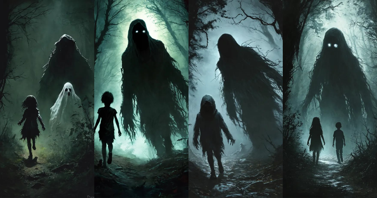 Lexica - Creepy looking ghost in dark forest, boy looking in front of ...