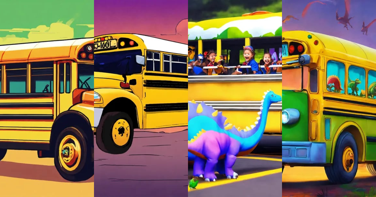 Lexica - Create a unique image of a dinosaur school bus. I would like ...