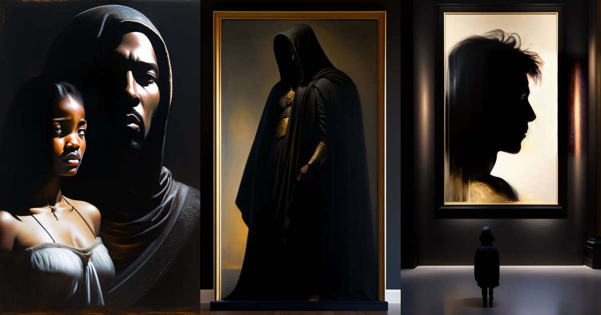 Lexica - The mixed mediart shows a the large, black-clad figure of the ...