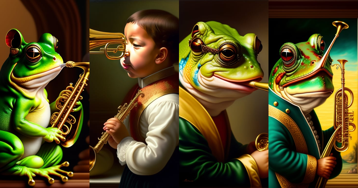 Lexica - A barroco painting of a frog playing the trumpet