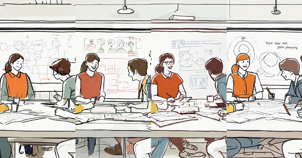 Lexica - Very simple drawing of a happy team drawing on a whiteboard ...