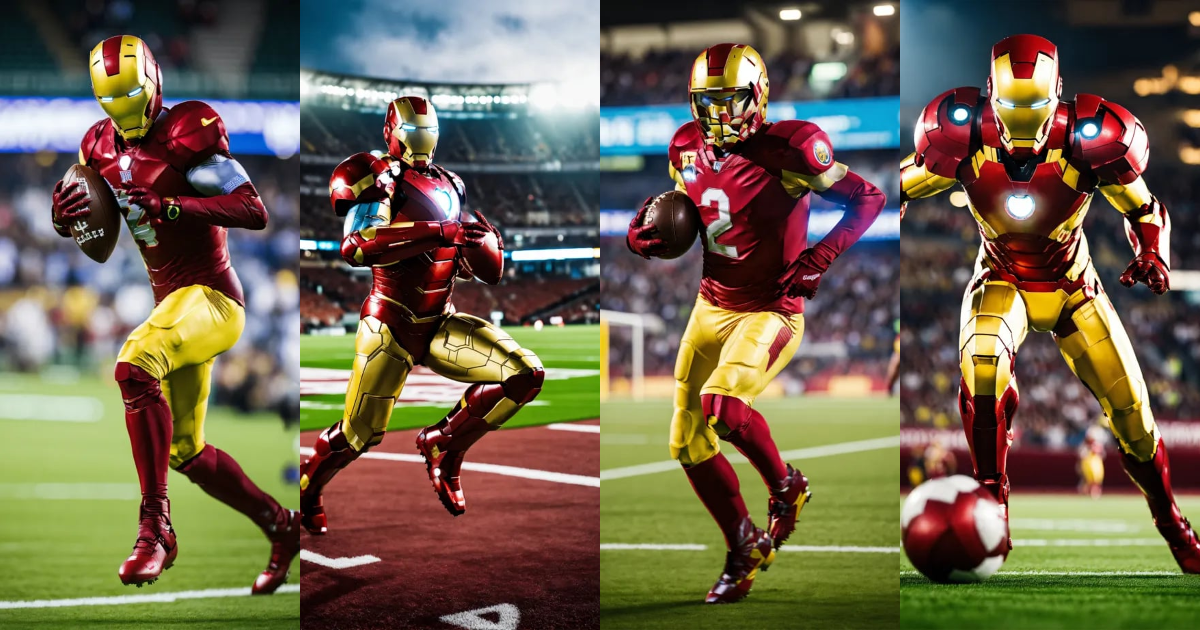 Lexica - Ironman playing football in stadium clear camera focus