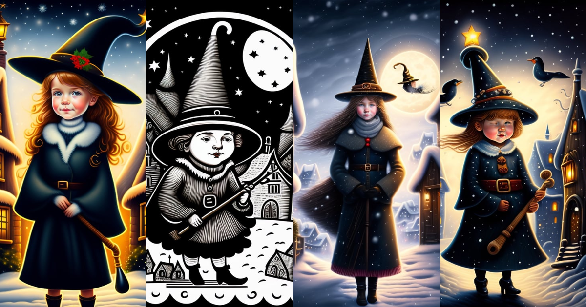 Lexica - A little tired witch in a hat sits on a broomstick and flies ...