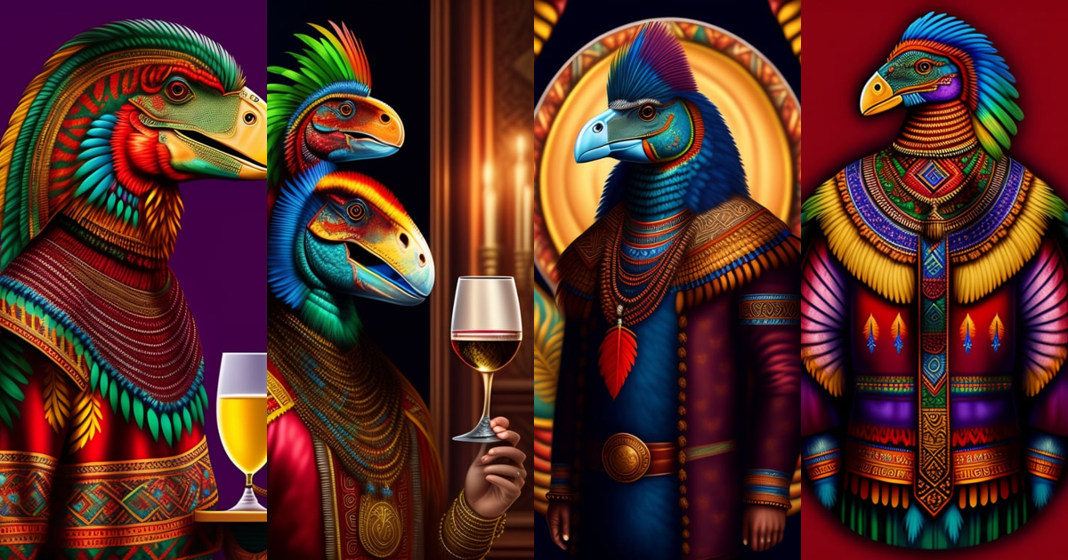 Lexica - Humanoid feathered dinosaur, aztec clothes, wineglass, digital art