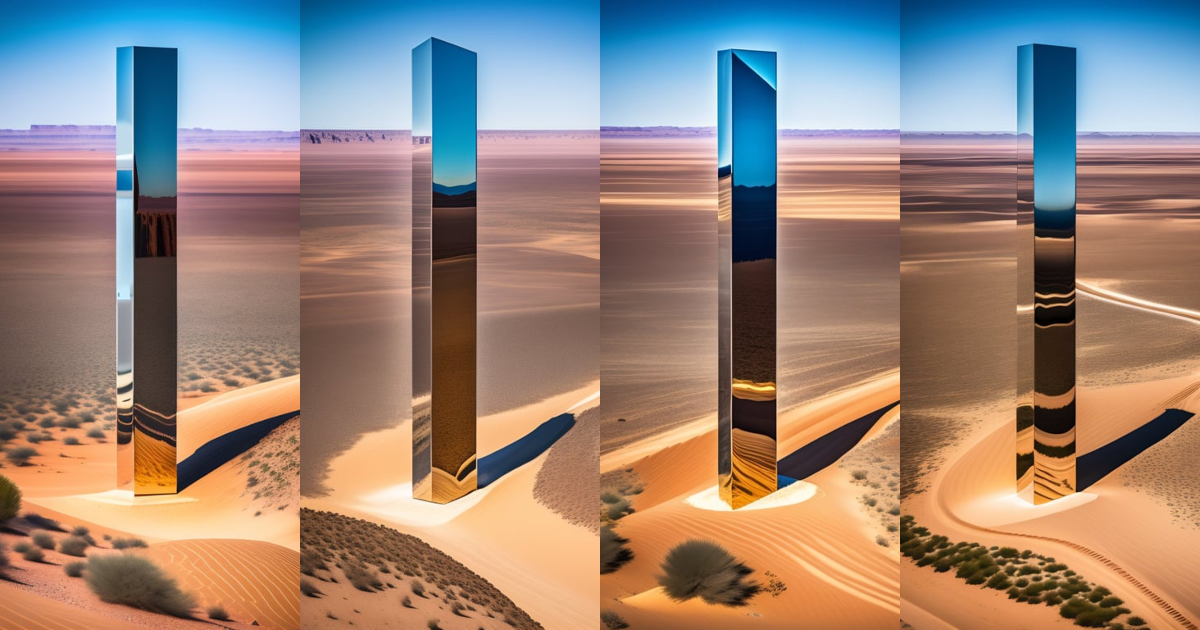 Lexica - Large metal monolith in desert, highly reflective