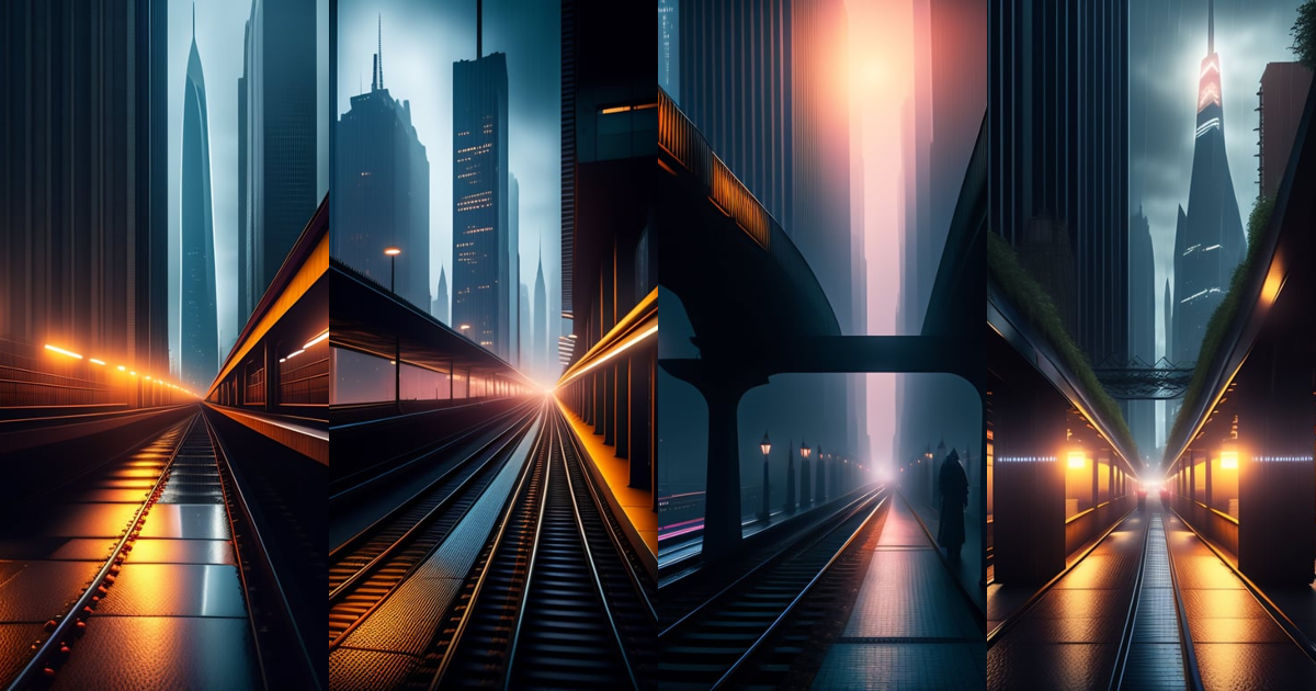Lexica - A gloomy, rainswept modern Neogothic city, elevated subway ...