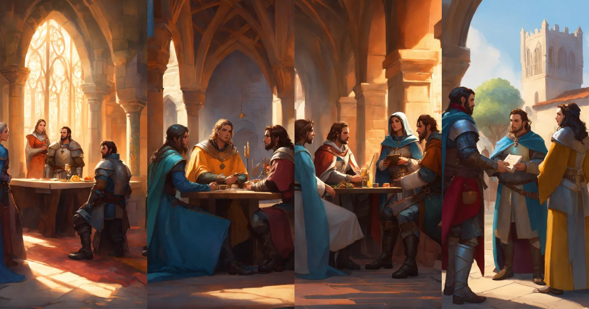 Lexica - Scene of 3 medieval people meeting in public, in contemporary ...