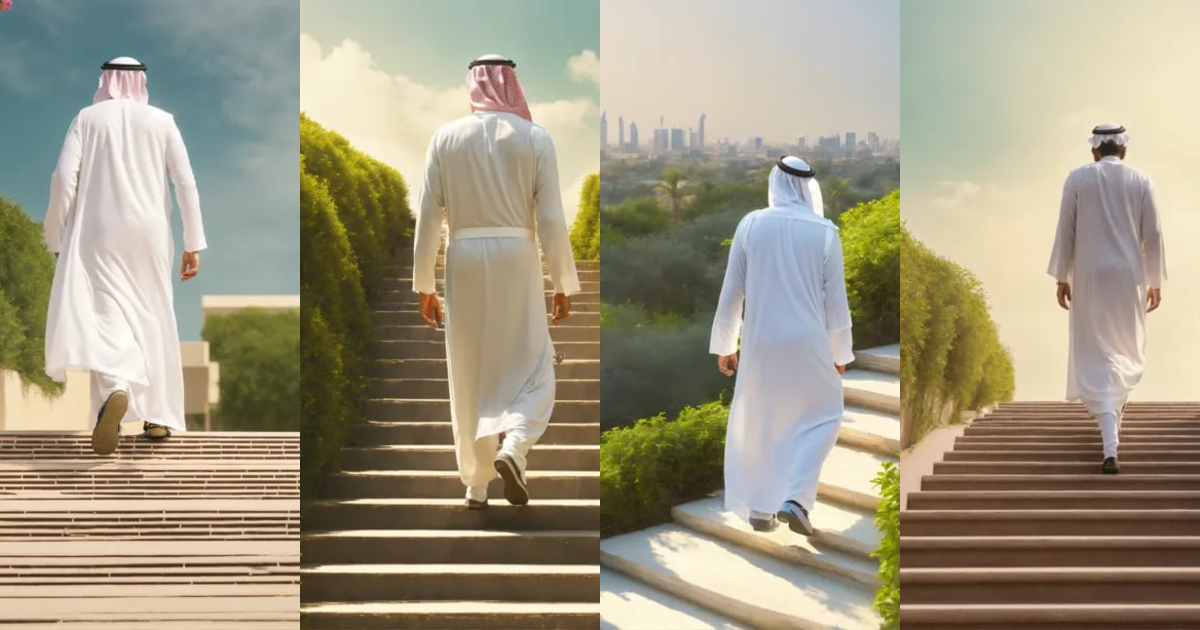 Lexica - Saudi man climbing up six steps only, white costume, close up ...