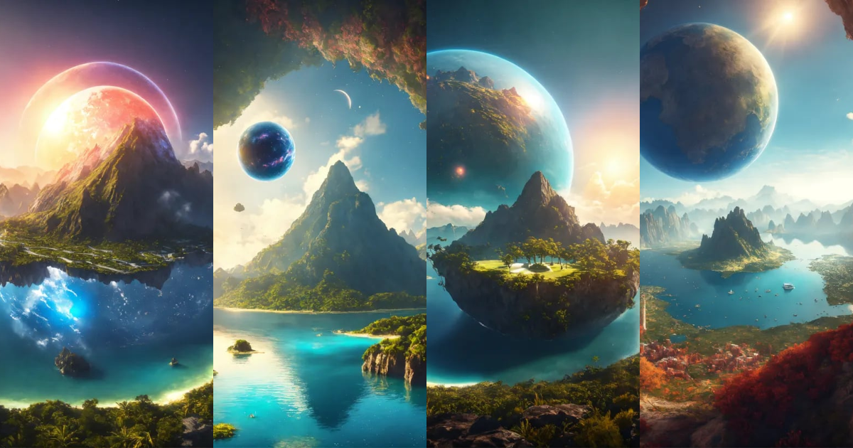 Lexica - Island with one little planet in background, being ...