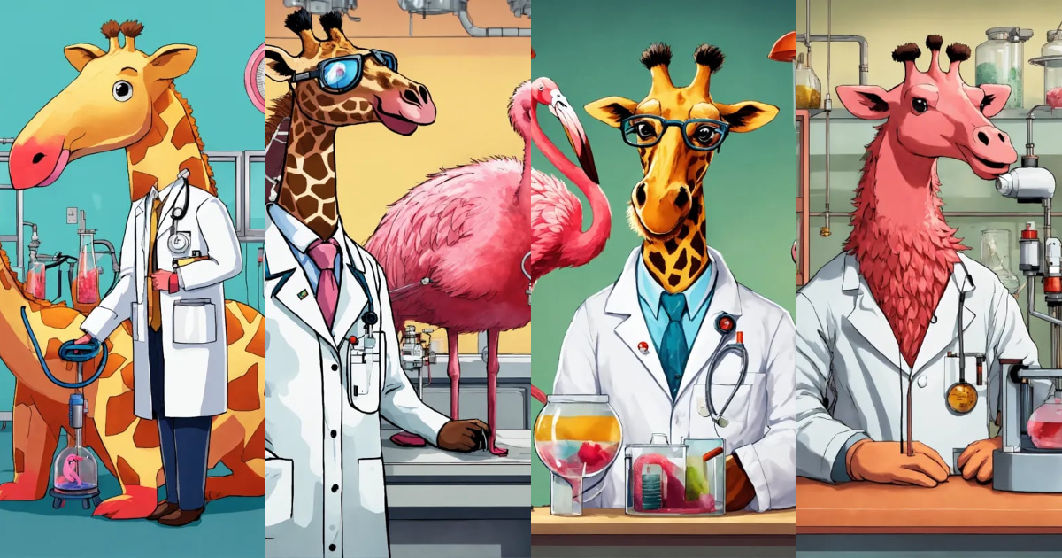 Lexica - A giraffe, a bear, a flamingo dressed as scientist with lab ...