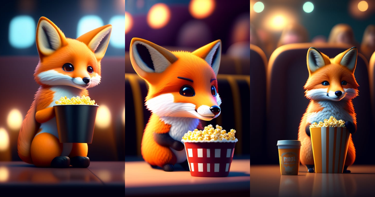 Lexica - Cute small Fox sitting in a movie theater eating popcorn ...
