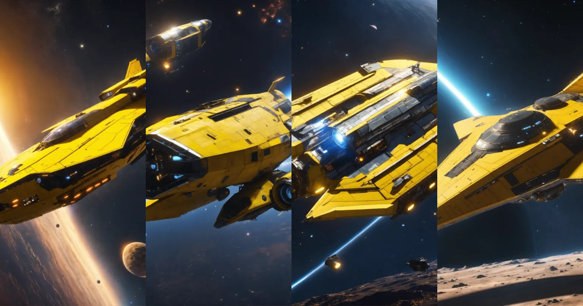 Lexica - Sleek flying yellow beat up star clunker space ship shooting ...