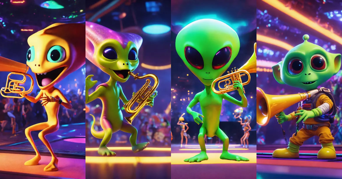 Lexica - Zoom out crazy alien cartoon character playing a horn at a ...