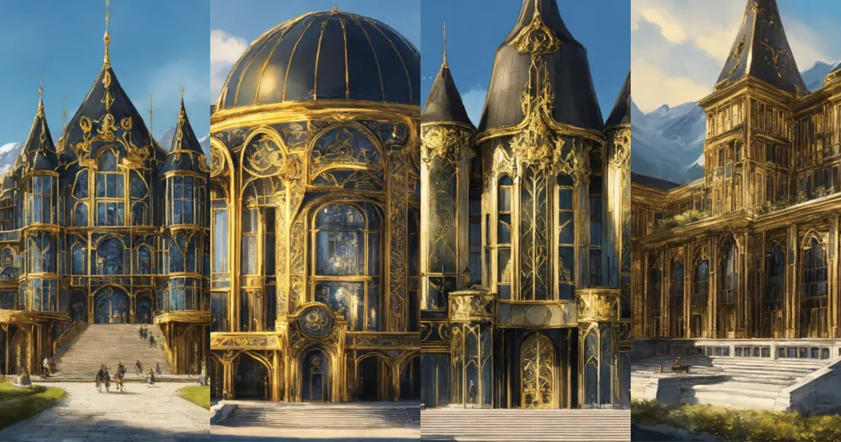 Lexica - Drawing of the full image of a massive black and gold elegant high elf sci fi palace in ...