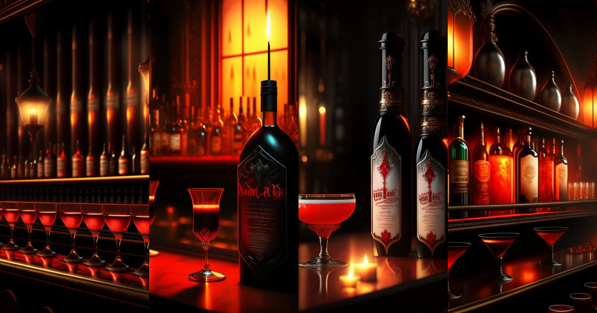 Lexica - A vampire bar, blood-bottles, bloody drinks, cinematic style ...