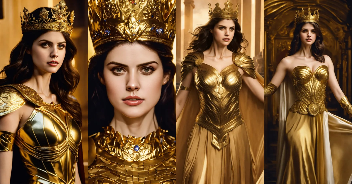 Lexica - Alexandra Daddario as greek goddess in golden armor with crown ...