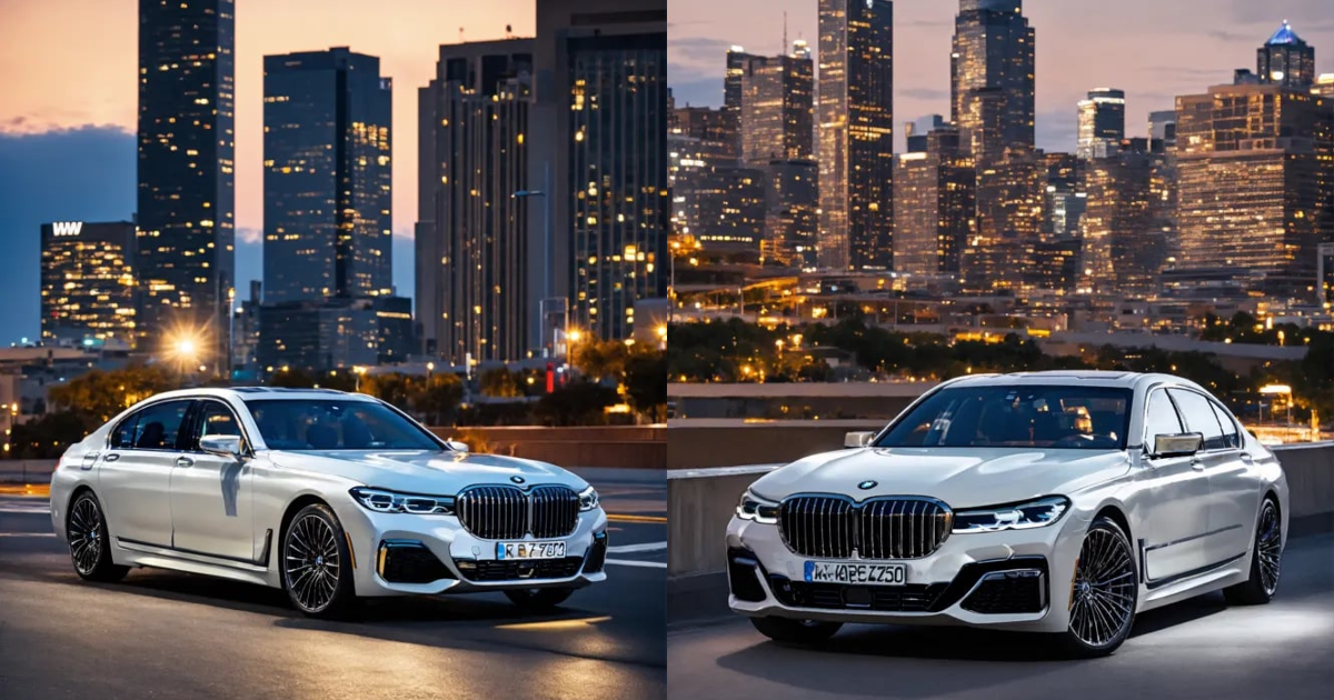 Lexica - 2022 BMW 750i white with gold trim. downtown background with ...