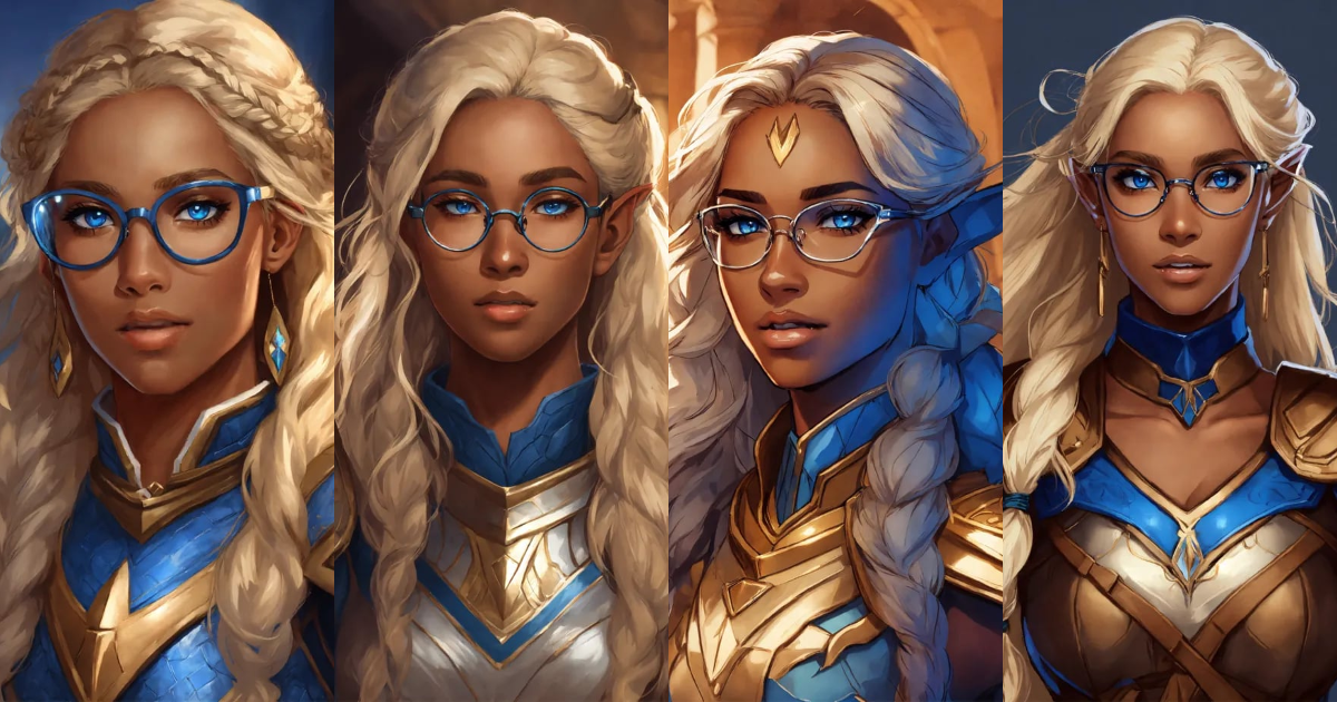 Lexica - A very brown skinned half elf woman, wearing glasses with deep ...