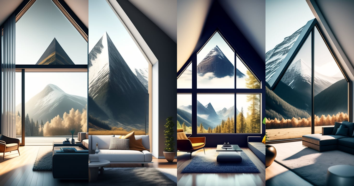 Lexica - Realistic, modern living room with big triangle windows and a ...