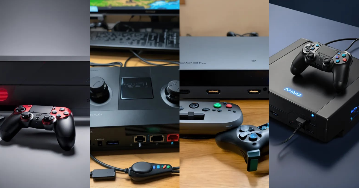 Lexica - A photo of a gaming console. The console is a black box with a ...