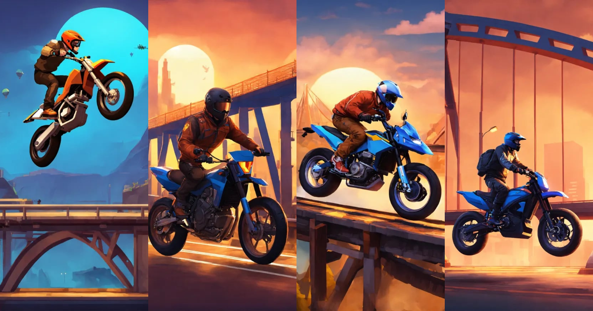 Lexica - 2d game, heavy bike, jump stunt, guy riding, 3d icon, bridge ...