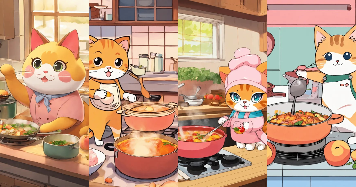 Lexica - Cartoon of peach and goma cat cooking