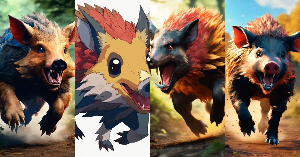 Lexica - Pokemon mixed with wild boar head running, 8K, graphic colors.