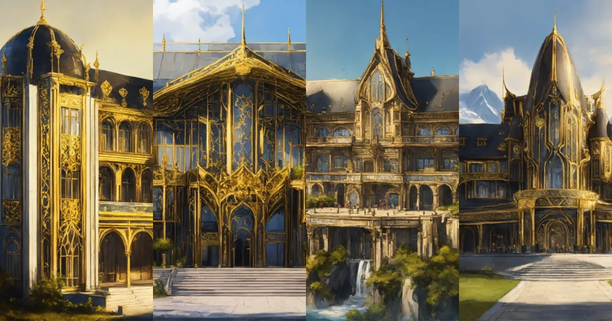 Lexica - Drawing of the full image of a massive black and gold elegant high elf sci fi palace in ...