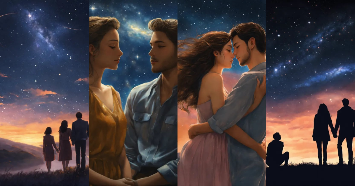 Lexica - Realistic drawing, three lovers, in the background stellar sky
