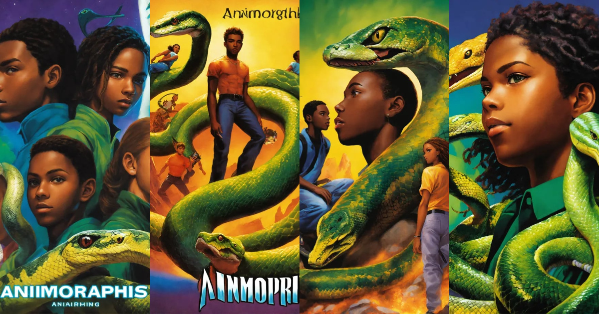 Lexica - Animorphs book cover art black characters transforming into snake