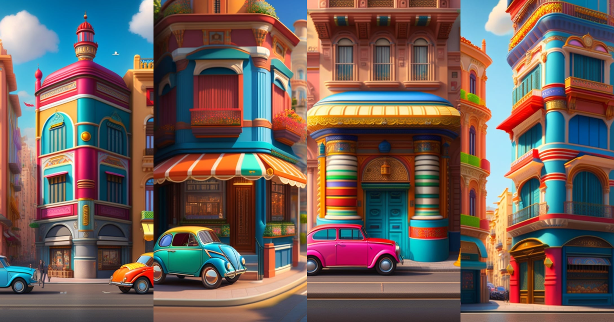 Lexica - A colorful building, in the style of intricate cityscapes ...