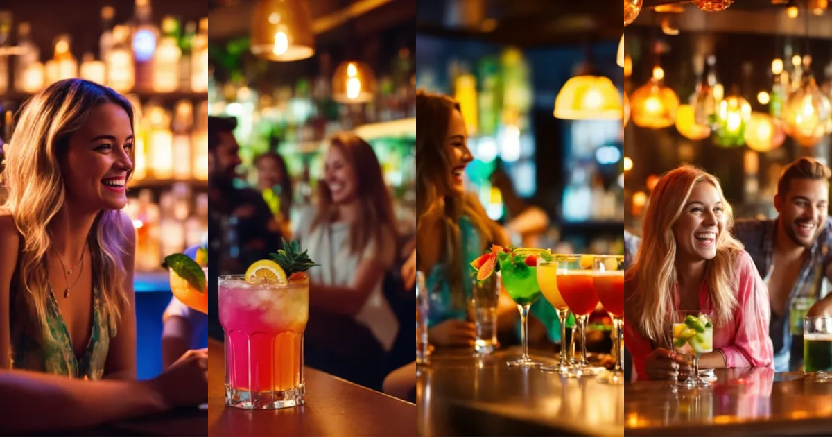 Lexica - Happy people trinking and laugh in a modern bar, behind is the ...