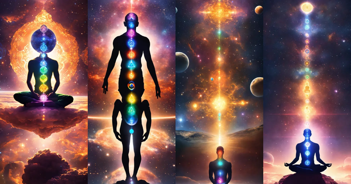 Lexica - Human entity meditating in space showing his chakras
