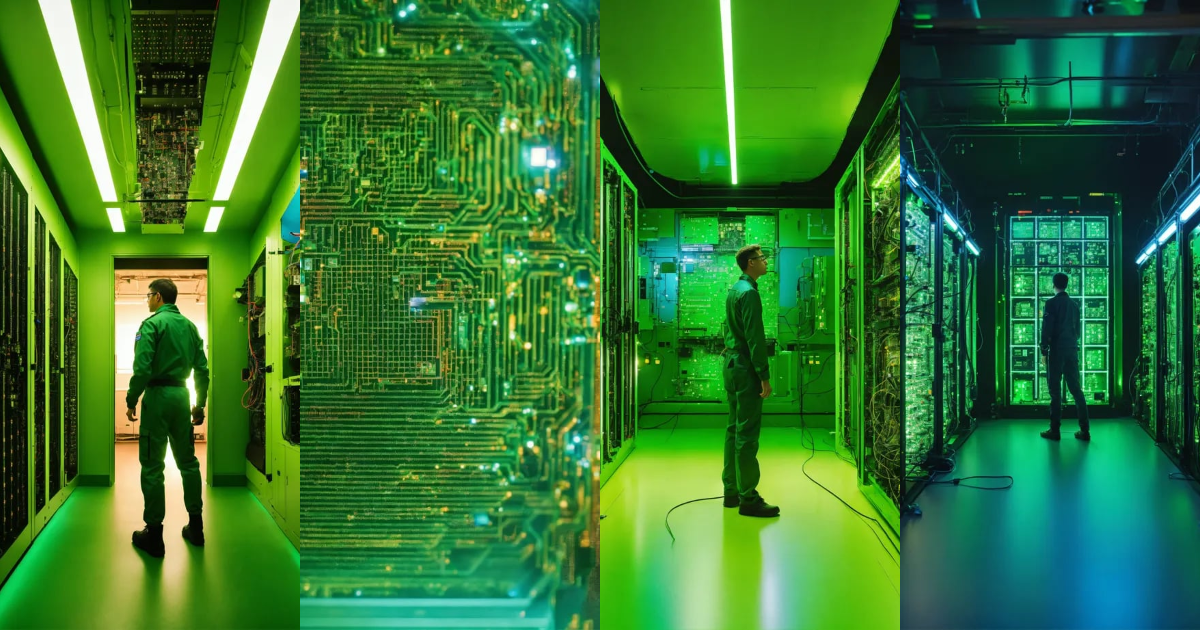 Lexica - Human engineer entering a technologic room with a quantum ...