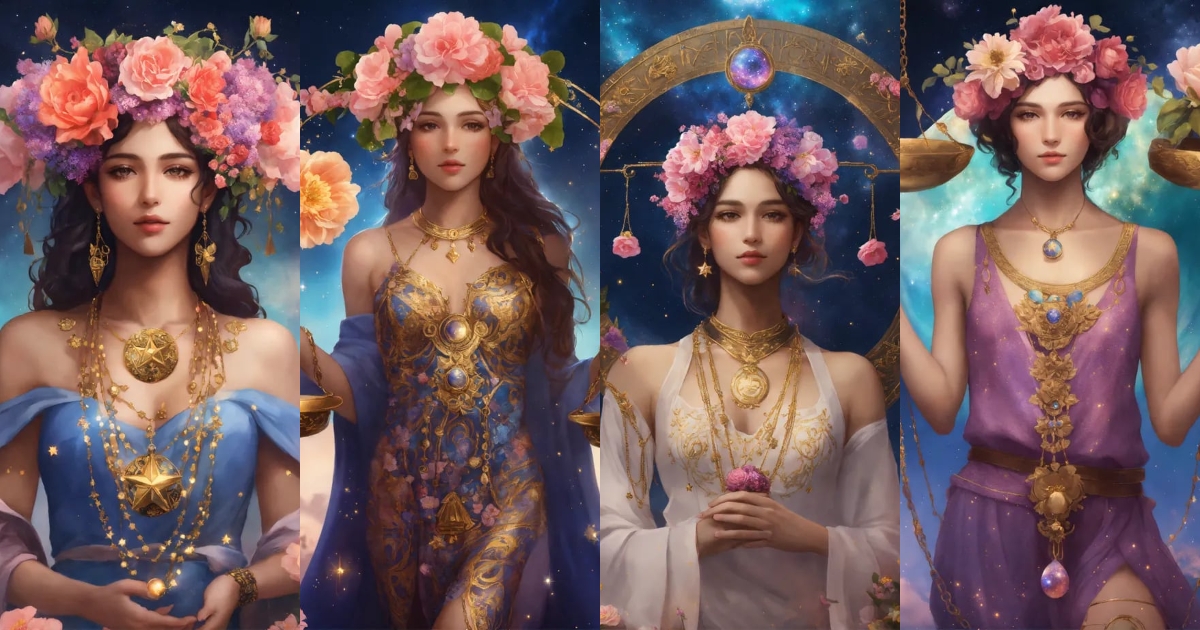 Lexica - The star sign of libra personified as a person, flower crown ...