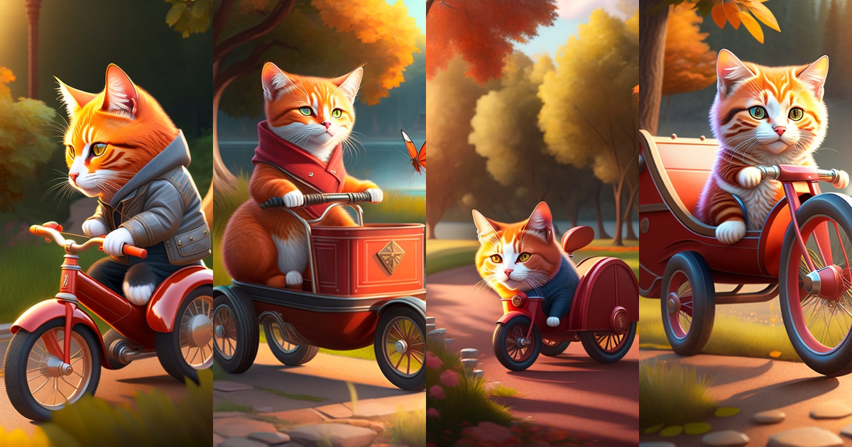 Lexica - Red cat riding a tricycle in the park near the lake, pixar ...