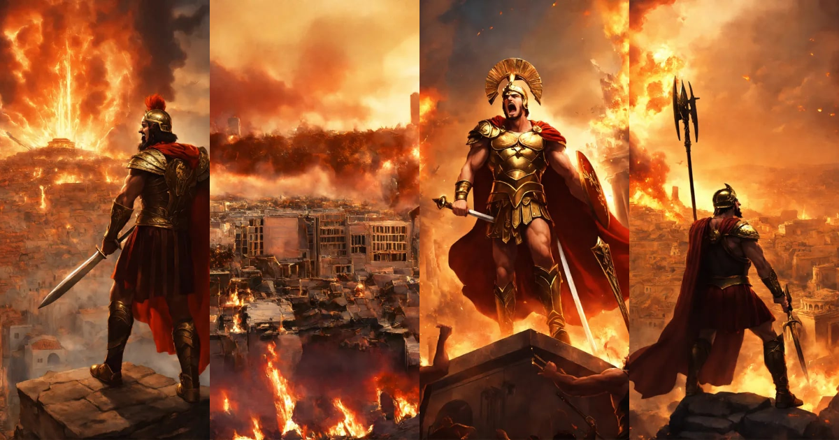 Lexica - Ares destroying a city, shouting in anger, greek gods watching ...