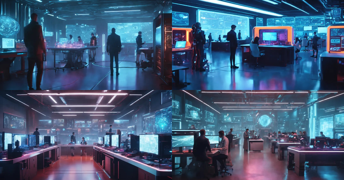 Lexica - People in futuristic laboratory, computers, hologram, zoom out ...