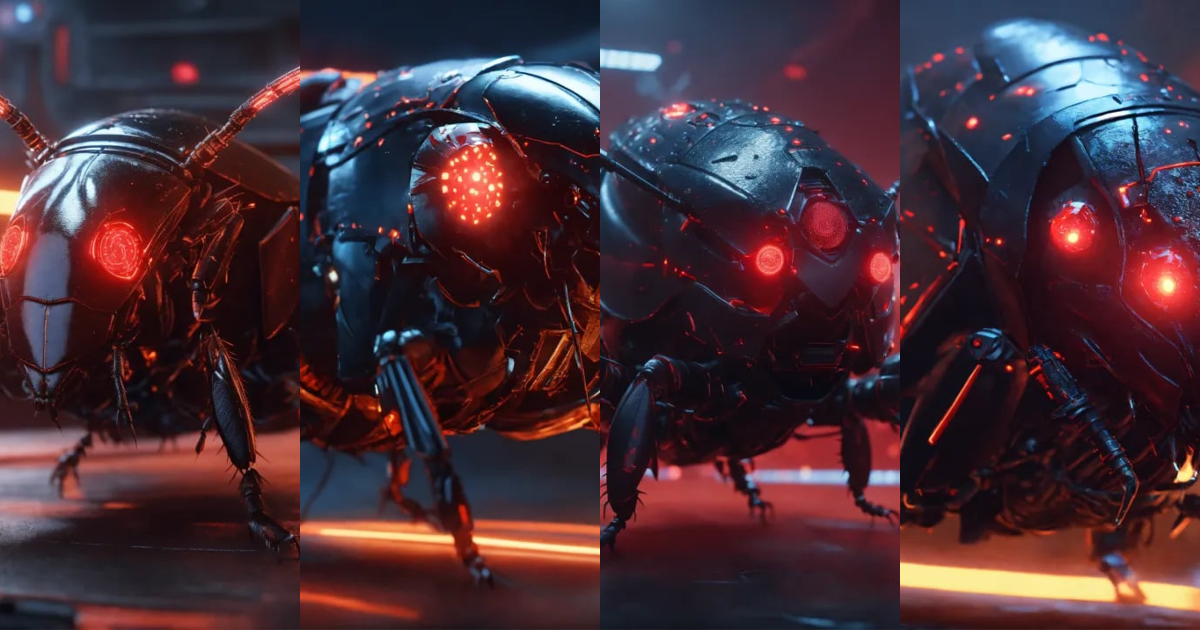 Lexica - Zoom out shot of standing black cockroach faced humanoid with ...