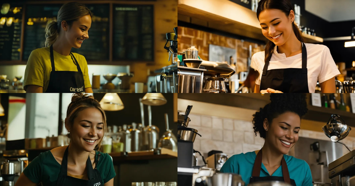 Lexica - Barista lady smiling while working and looking down low angle shot